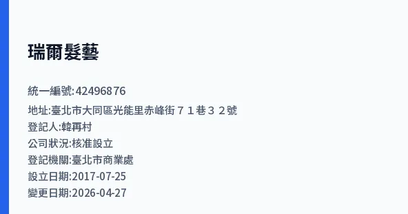 瑞爾髮藝的照片-統編 42496876(臺北市) 公司登記資料與營業項目詳細圖表
