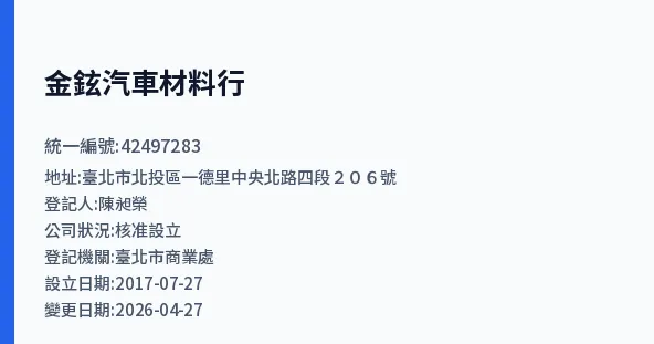 金鉉汽車材料行的照片-統編 42497283(臺北市) 公司登記資料與營業項目詳細圖表