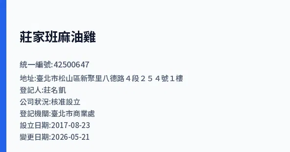 莊家班麻油雞的照片-統編 42500647(臺北市) 公司登記資料與營業項目詳細圖表