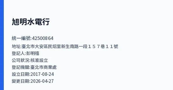 旭明水電行的照片-統編 42500864(臺北市) 公司登記資料與營業項目詳細圖表