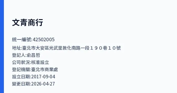 文青商行的照片-統編 42502005(臺北市) 公司登記資料與營業項目詳細圖表