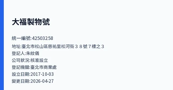 大福製物號的照片-統編 42503258(臺北市) 公司登記資料與營業項目詳細圖表