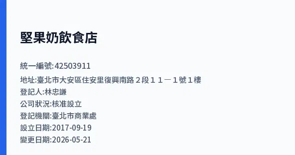 堅果奶飲食店的照片-統編 42503911(臺北市) 公司登記資料與營業項目詳細圖表