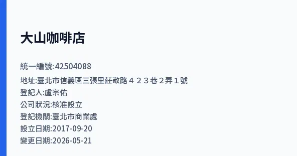 大山咖啡店的照片-統編 42504088(臺北市) 公司登記資料與營業項目詳細圖表