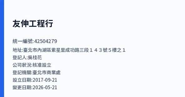 友伸工程行的照片-統編 42504279(臺北市) 公司登記資料與營業項目詳細圖表