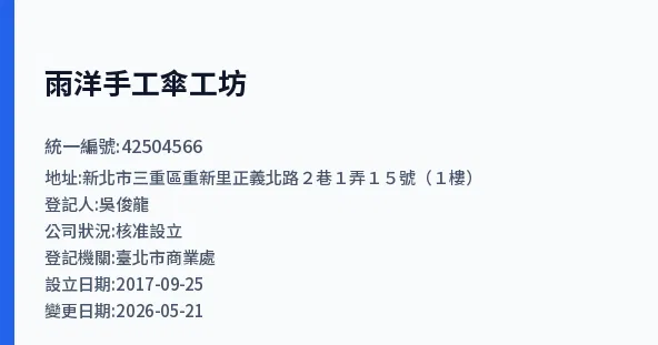 雨洋手工傘工坊的照片-統編 42504566(新北市) 公司登記資料與營業項目詳細圖表