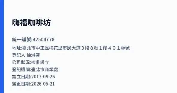 嗨福咖啡坊的照片-統編 42504778(臺北市) 公司登記資料與營業項目詳細圖表