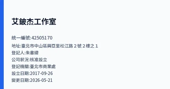 艾鈹杰工作室的照片-統編 42505170(臺北市) 公司登記資料與營業項目詳細圖表