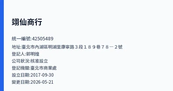 翊仙商行的照片-統編 42505489(臺北市) 公司登記資料與營業項目詳細圖表