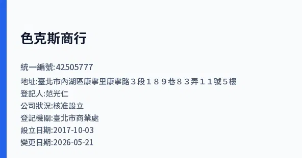 色克斯商行的照片-統編 42505777(臺北市) 公司登記資料與營業項目詳細圖表