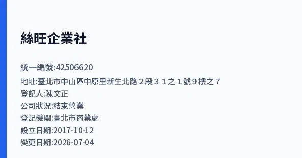 絲旺企業社的照片-統編 42506620(臺北市) 公司登記資料與營業項目詳細圖表