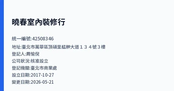 曉春室內裝修行的照片-統編 42508346(臺北市) 公司登記資料與營業項目詳細圖表