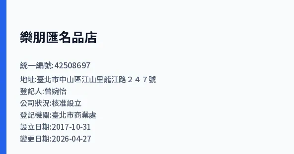 樂朋匯名品店的照片-統編 42508697(臺北市) 公司登記資料與營業項目詳細圖表
