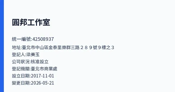 圓邦工作室的照片-統編 42508937(臺北市) 公司登記資料與營業項目詳細圖表