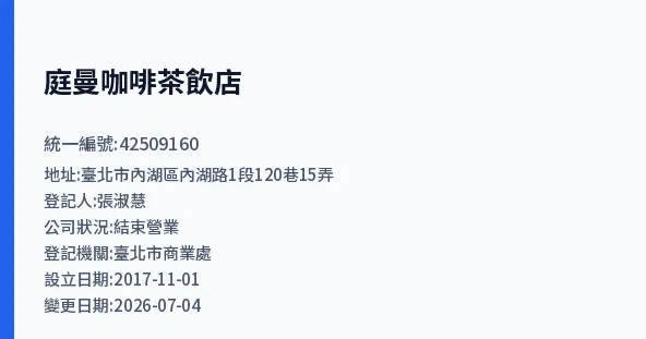 庭曼咖啡茶飲店的照片-統編 42509160(臺北市) 公司登記資料與營業項目詳細圖表