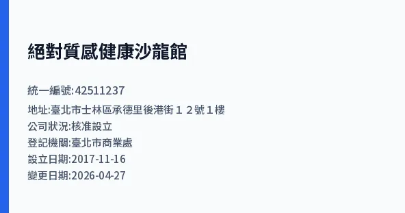 絕對質感健康沙龍館的照片-統編 42511237(臺北市) 公司登記資料與營業項目詳細圖表