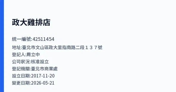 政大雞排店的照片-統編 42511454(臺北市) 公司登記資料與營業項目詳細圖表