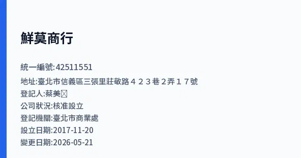 鮮莫商行的照片-統編 42511551(臺北市) 公司登記資料與營業項目詳細圖表