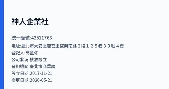 神人企業社的照片-統編 42511763(臺北市) 公司登記資料與營業項目詳細圖表