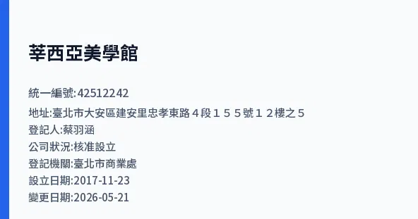 莘西亞美學館的照片-統編 42512242(臺北市) 公司登記資料與營業項目詳細圖表