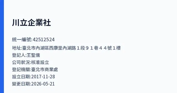 川立企業社的照片-統編 42512524(臺北市) 公司登記資料與營業項目詳細圖表