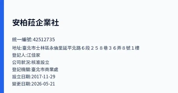 安柏菈企業社的照片-統編 42512735(臺北市) 公司登記資料與營業項目詳細圖表