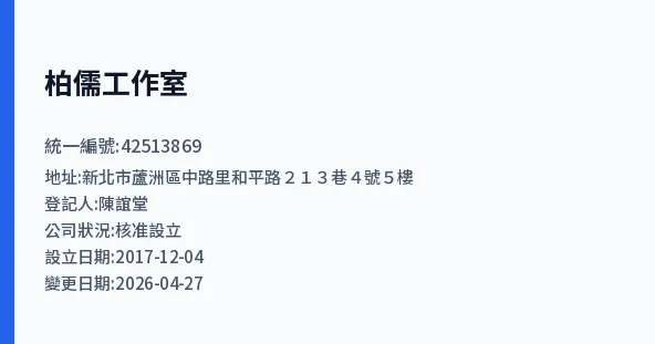 柏儒工作室的照片-統編 42513869(新北市) 公司登記資料與營業項目詳細圖表