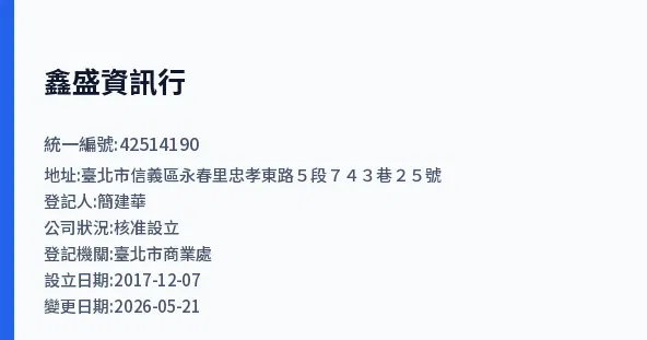 鑫盛資訊行的照片-統編 42514190(臺北市) 公司登記資料與營業項目詳細圖表