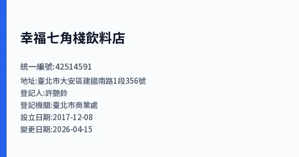幸福七角棧飲料店的照片-統編 42514591(臺北市) 公司登記資料與營業項目詳細圖表