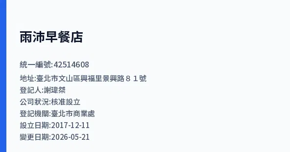 雨沛早餐店的照片-統編 42514608(臺北市) 公司登記資料與營業項目詳細圖表