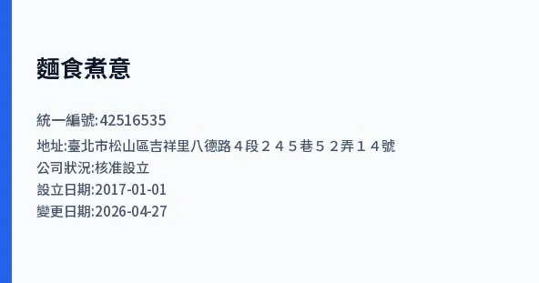 麵食煮意的照片-統編 42516535(臺北市) 公司登記資料與營業項目詳細圖表