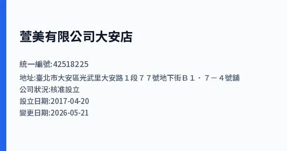 萱美有限公司大安店的照片-統編 42518225(臺北市) 公司登記資料與營業項目詳細圖表