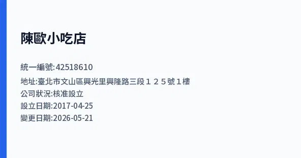 陳歐小吃店的照片-統編 42518610(臺北市) 公司登記資料與營業項目詳細圖表