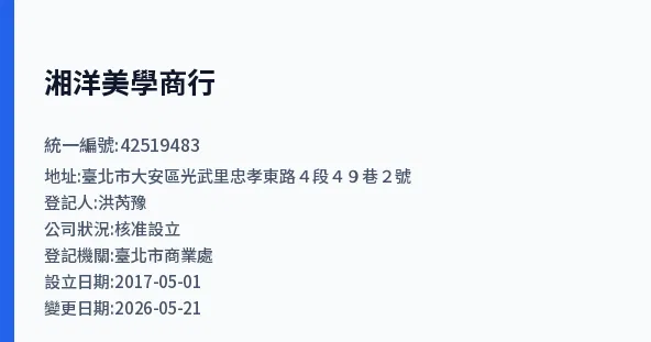 湘洋美學商行的照片-統編 42519483(臺北市) 公司登記資料與營業項目詳細圖表