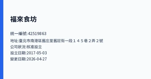 福來食坊的照片-統編 42519863(臺北市) 公司登記資料與營業項目詳細圖表
