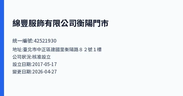 綿豐服飾有限公司衡陽門市的照片-統編 42521930(臺北市) 公司登記資料與營業項目詳細圖表