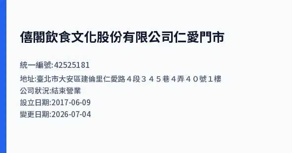 僖閣飲食文化股份有限公司仁愛門市的照片-統編 42525181(臺北市) 公司登記資料與營業項目詳細圖表