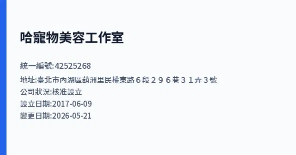 哈寵物美容工作室的照片-統編 42525268(臺北市) 公司登記資料與營業項目詳細圖表