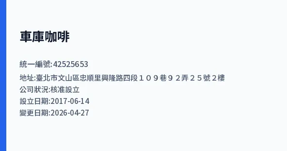 車庫咖啡的照片-統編 42525653(臺北市) 公司登記資料與營業項目詳細圖表