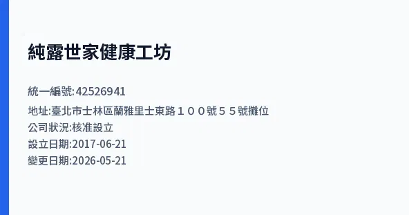 純露世家健康工坊的照片-統編 42526941(臺北市) 公司登記資料與營業項目詳細圖表