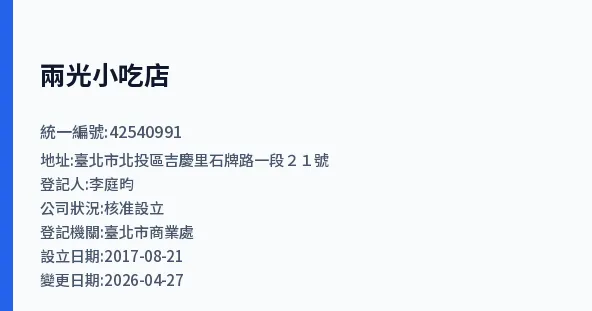 兩光小吃店的照片-統編 42540991(臺北市) 公司登記資料與營業項目詳細圖表