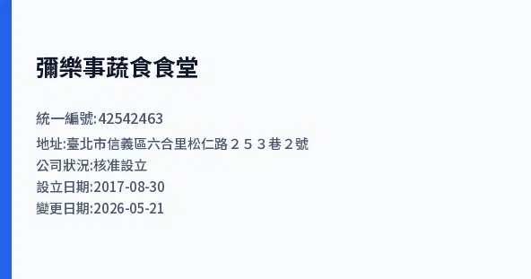彌樂事蔬食食堂的照片-統編 42542463(臺北市) 公司登記資料與營業項目詳細圖表