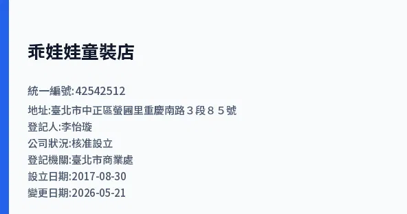 乖娃娃童裝店的照片-統編 42542512(臺北市) 公司登記資料與營業項目詳細圖表