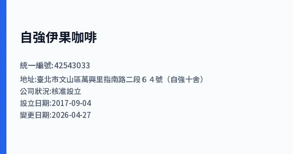 自強伊果咖啡的照片-統編 42543033(臺北市) 公司登記資料與營業項目詳細圖表
