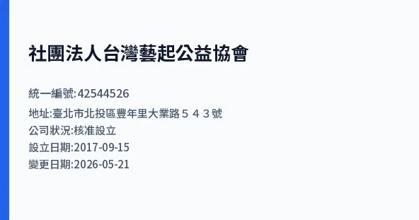 社團法人台灣藝起公益協會的照片-統編 42544526(臺北市) 公司登記資料與營業項目詳細圖表