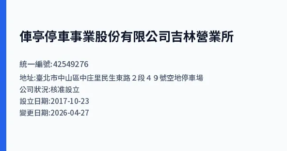 俥亭停車事業股份有限公司吉林營業所的照片-統編 42549276(臺北市) 公司登記資料與營業項目詳細圖表