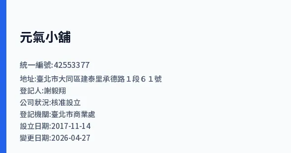元氣小舖的照片-統編 42553377(臺北市) 公司登記資料與營業項目詳細圖表