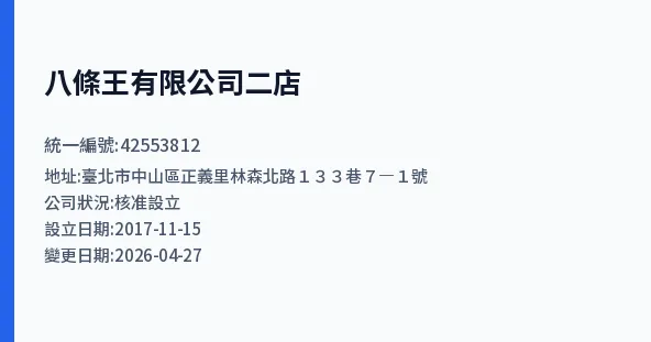 八條王有限公司二店的照片-統編 42553812(臺北市) 公司登記資料與營業項目詳細圖表