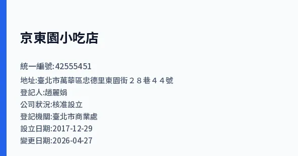 京東園小吃店的照片-統編 42555451(臺北市) 公司登記資料與營業項目詳細圖表