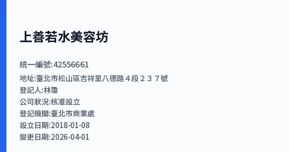 上善若水美容坊的照片-統編 42556661(臺北市) 公司登記資料與營業項目詳細圖表